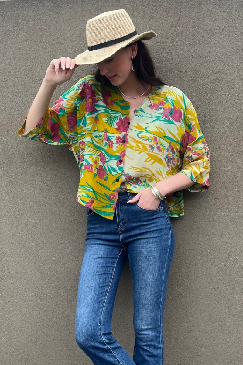Yellow Pink Flowers Upcycled Vintage Silk Button Shirt - No Collar– Origen Imports